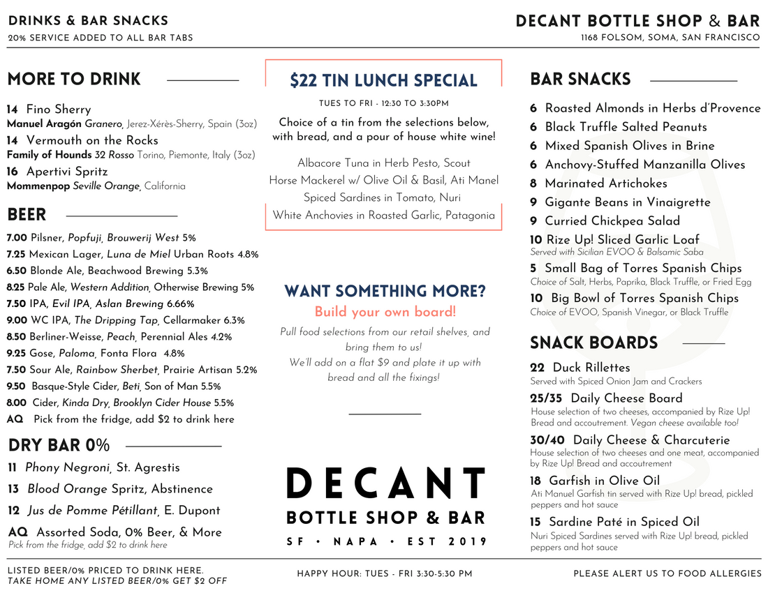 Today's Menu | DECANT Bottle Shop & Bar – DECANTsf